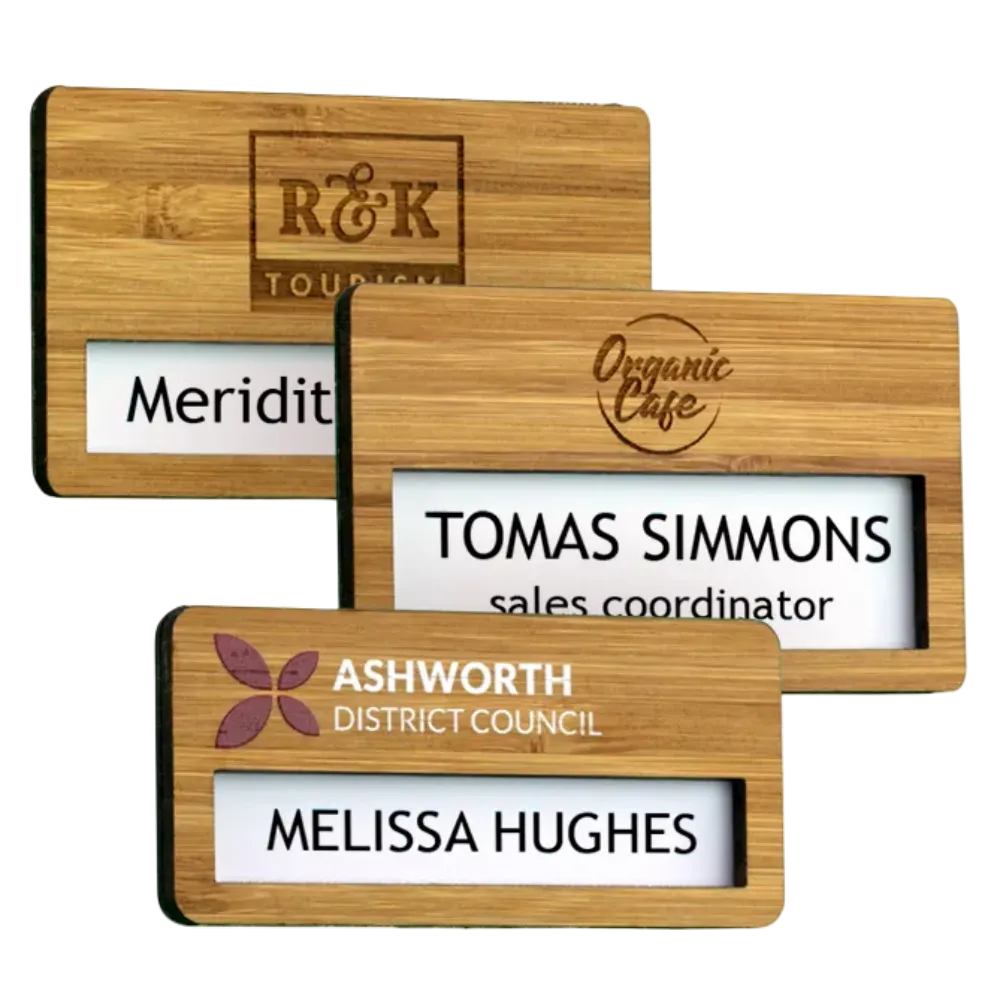Printed Bamboo Name Badges With Window | Reusable & Customisable