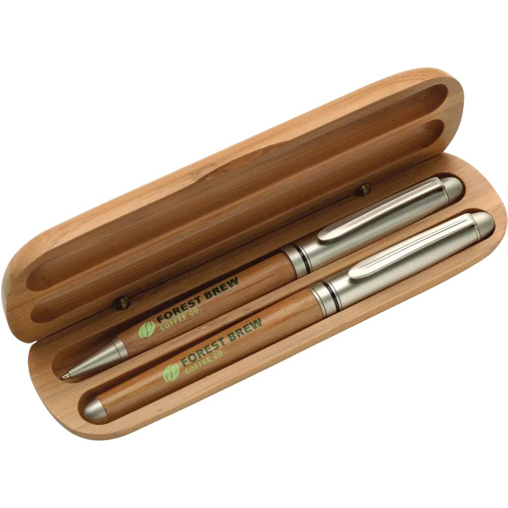 Branded Bamboo Ballpen and Rollerball Pen Set | Total Merchandise